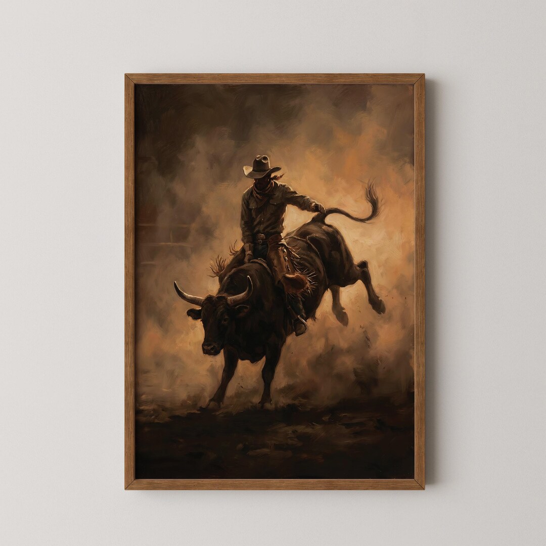 Vintage Bull Rider Oil Painting - Gritty Rodeo Cowboy Western Wall ...