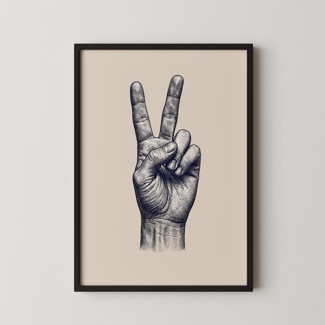 Minimalist Peace Sign Hand Art Print - Vintage Cross Hatch Ink ...