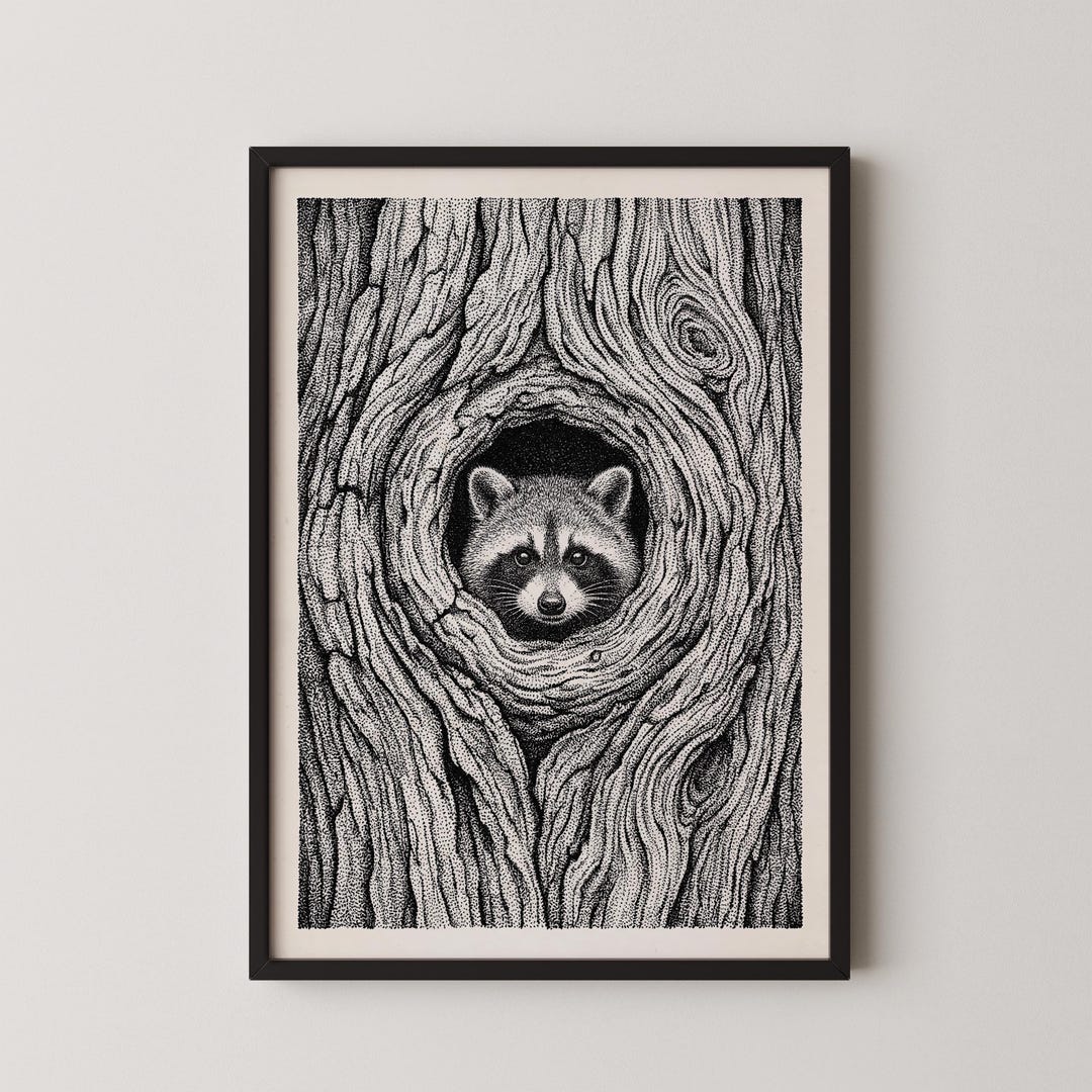 Raccoon in Tree Hollow Art - Stippling Pen Ink - Curious Wildlife Wall ...
