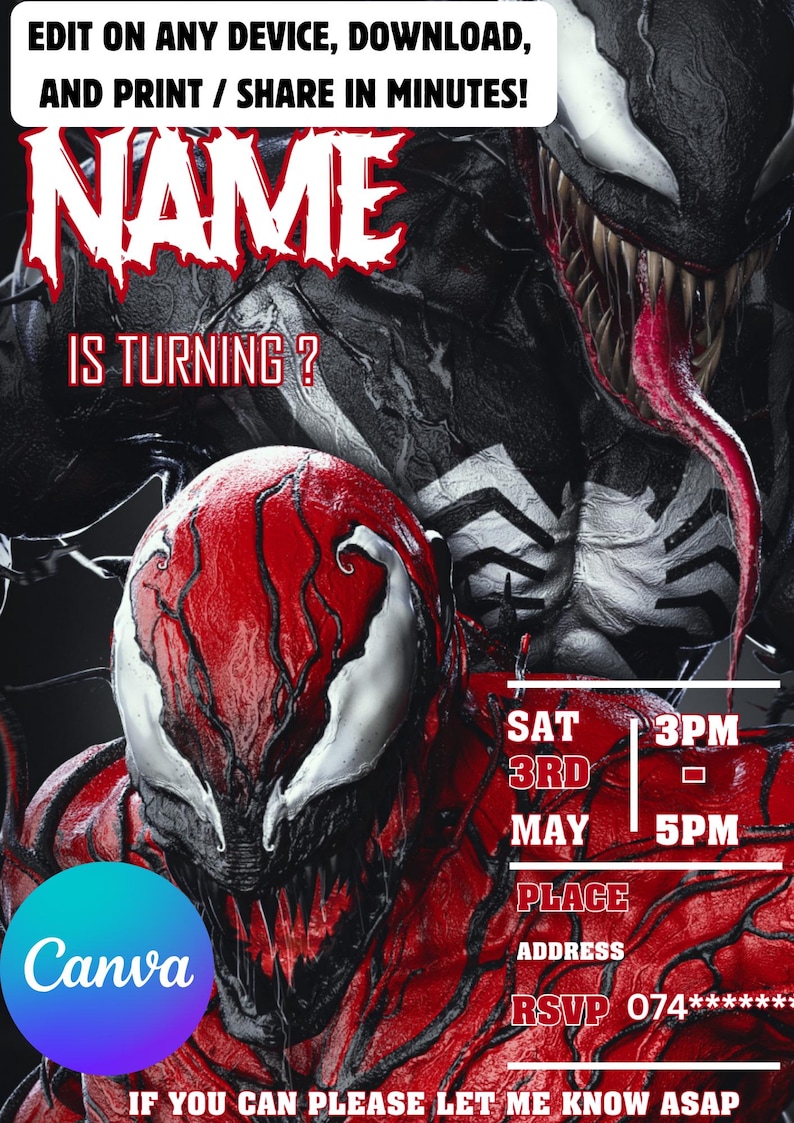 Venom & Carnage Birthday Party Invitation | Superhero Printable Invite ...