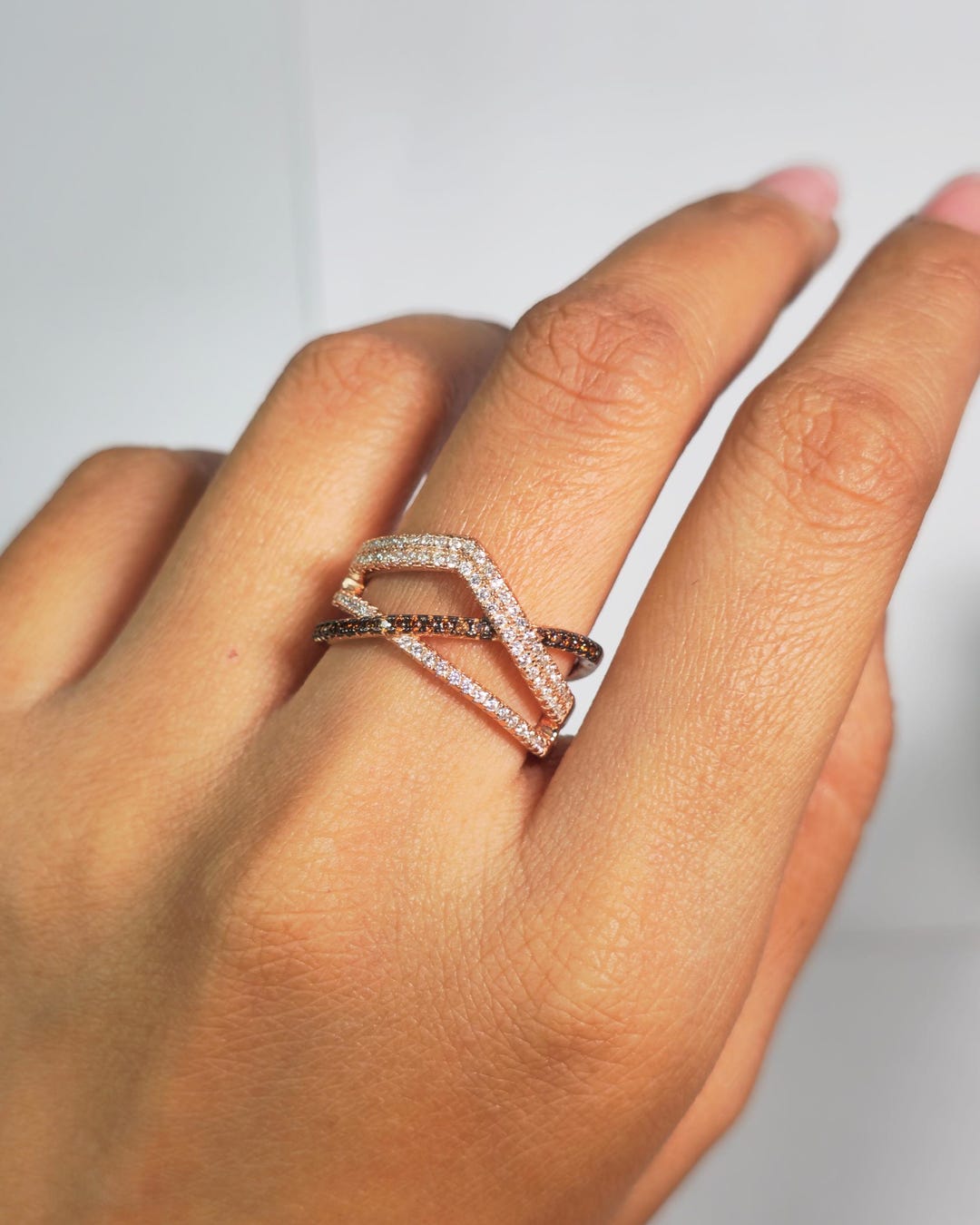 Rose Gold Pave Crossover Ring – White & Chocolate CZ Statement Ring - Etsy