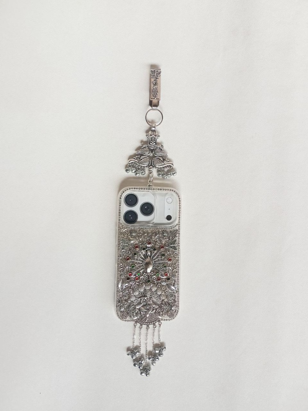 Handmade Peacock & Krishna Silver Oxidized Phone Case With Ghungroo ...