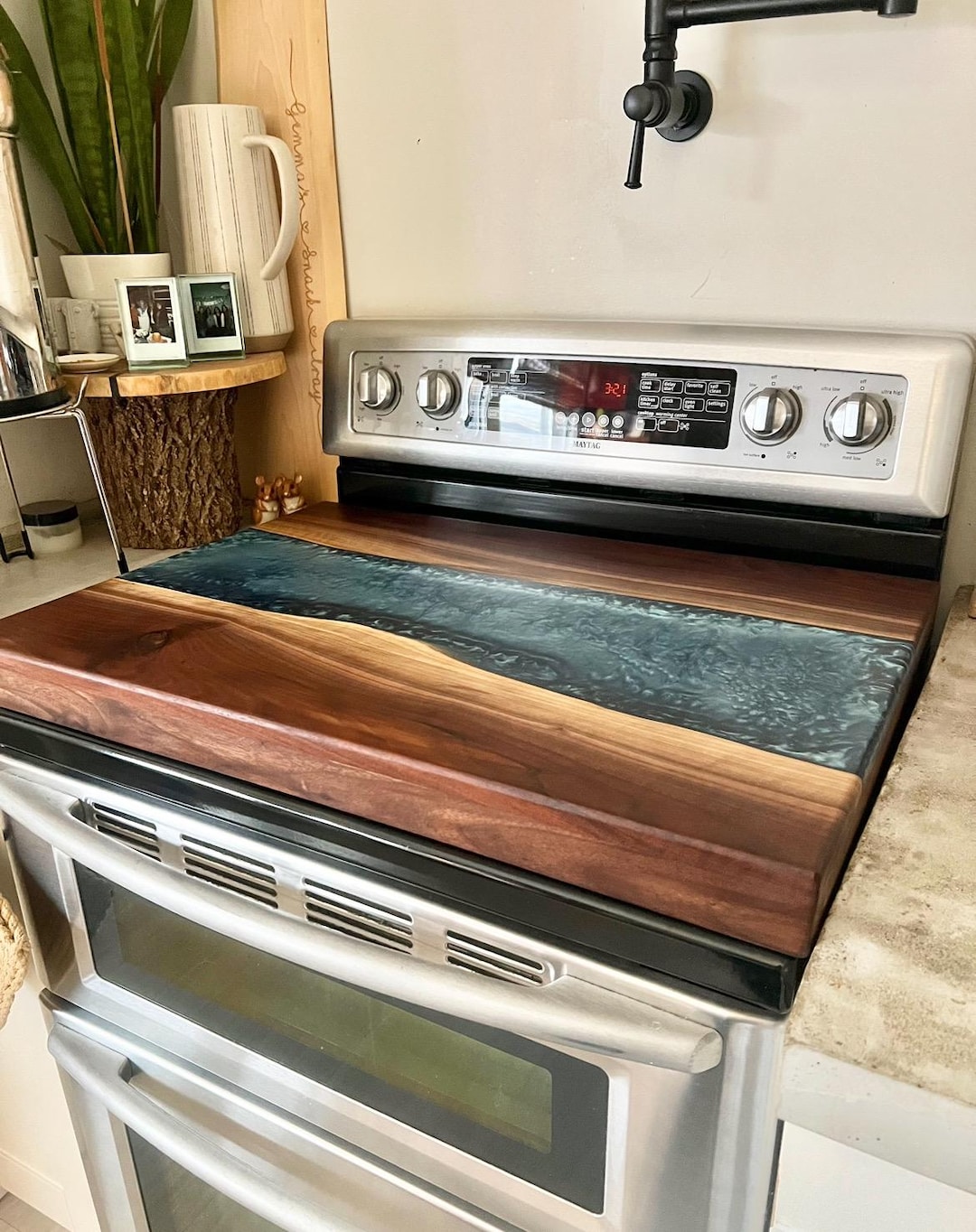 Full Box Epoxy Resin Stove Top Cover: Live Edge Walnut Noodle Board - Etsy