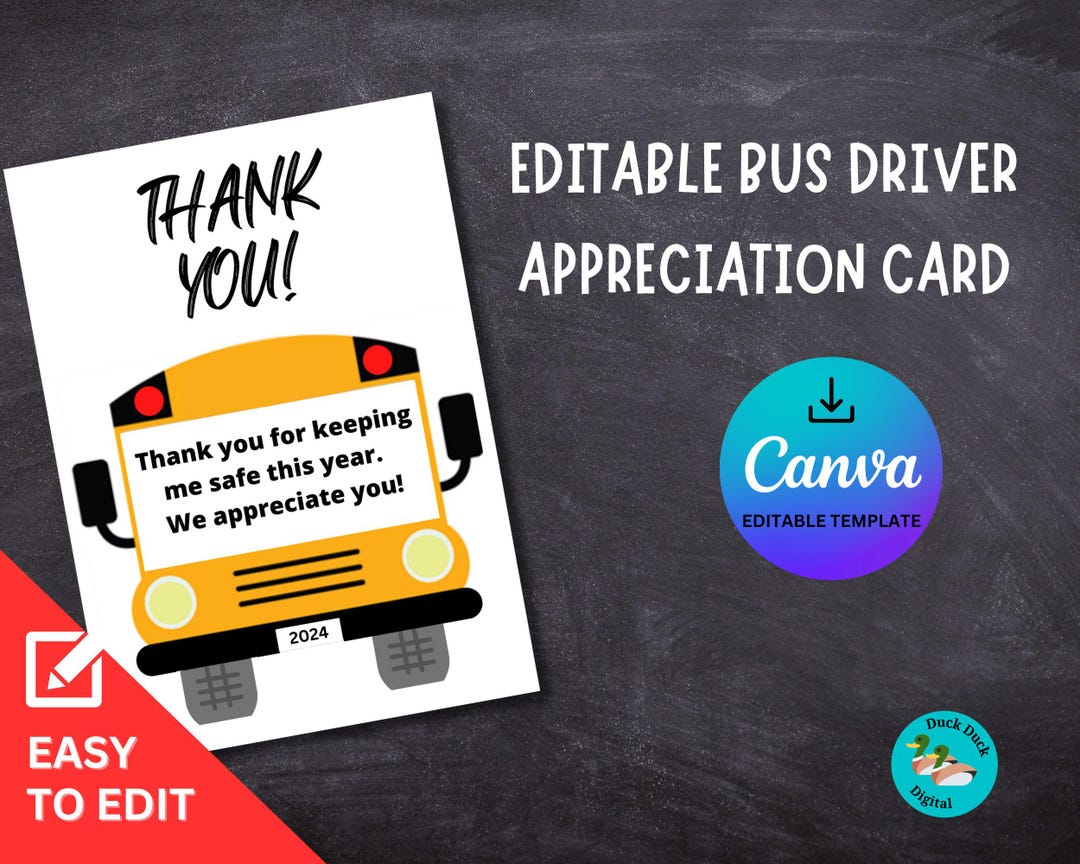 EDITABLE Bus Driver Appreciation Card Printable Editable Bus Driver ...