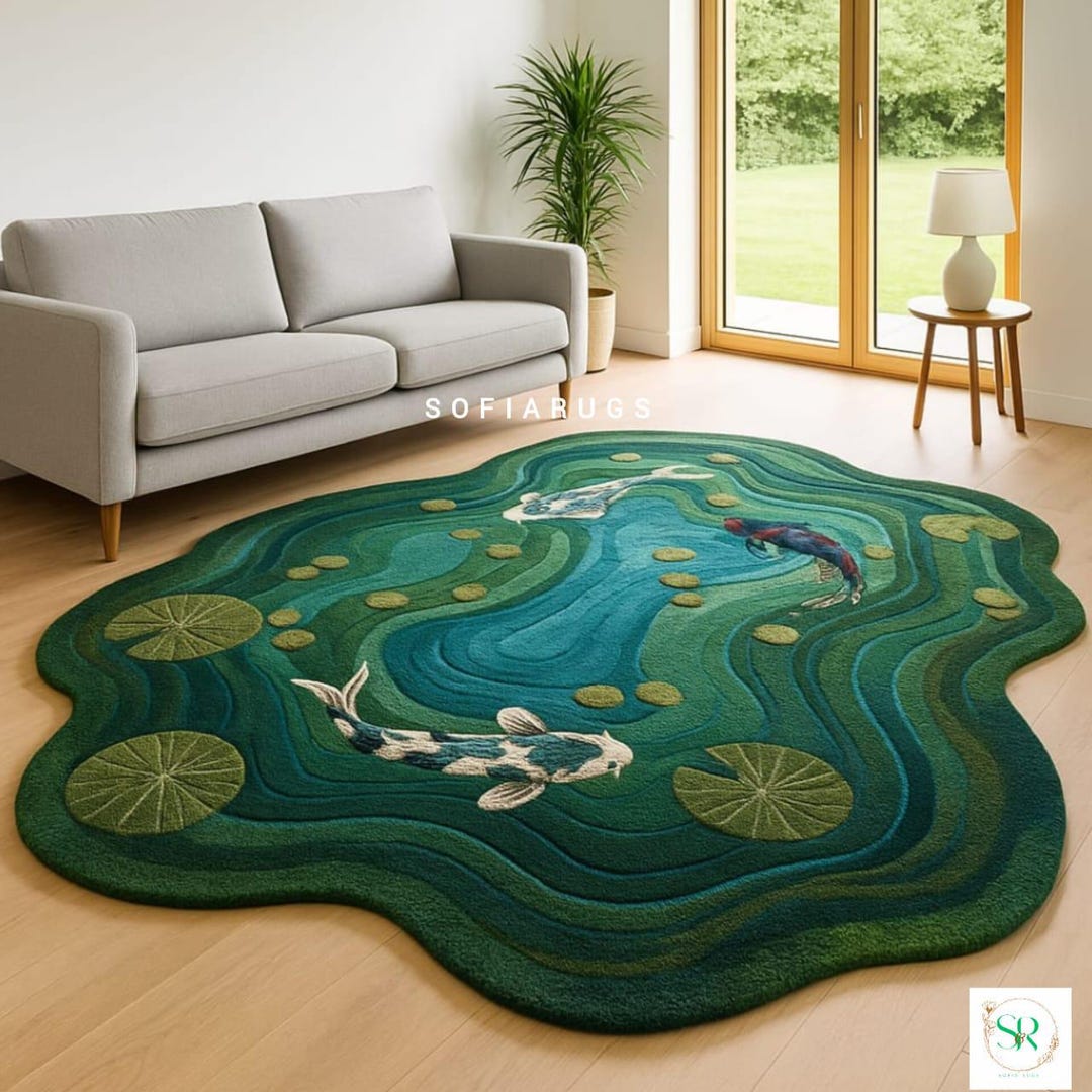 Hand Tufted Wool Rug ,koi Fish Pond Rug Serene Green Irregular Shape ...