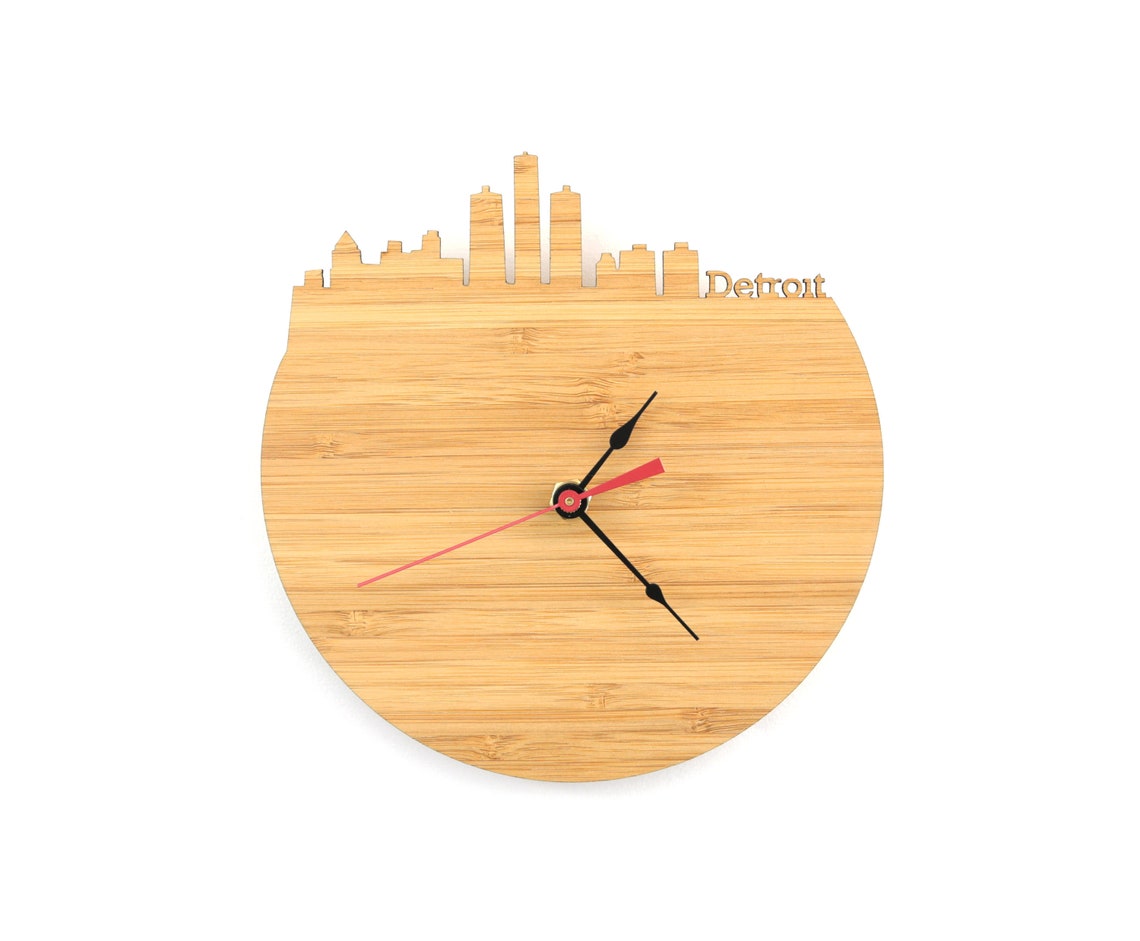 Wall Clock Detroit Michigan Wood Skyline Clock Time Zone | Etsy