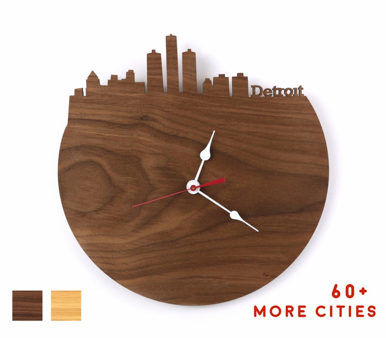 Wall Clock Detroit Michigan Wood Skyline Clock Time Zone - Etsy