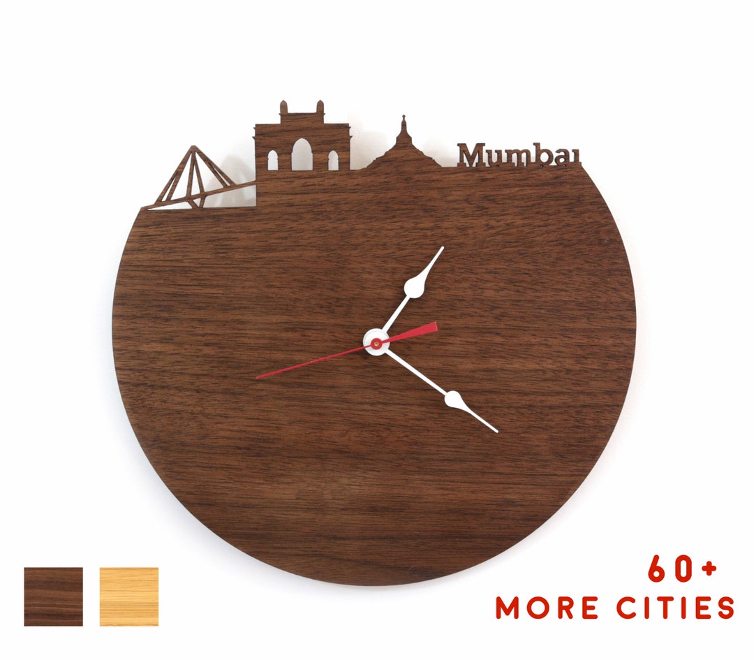 Mumbai Skyline Wood Clock India Time Zone Clock Wall or - Etsy
