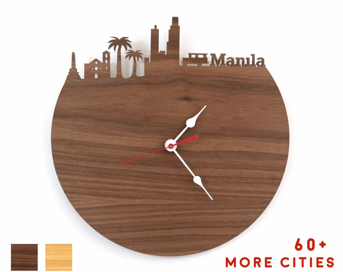 Philippines Art Clock Manila Skyline Wooden Clock Time Zone Clock ...