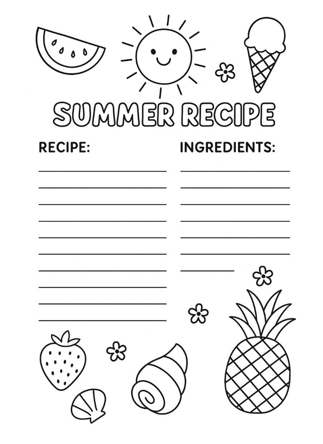 Kids Summer Bundle. Two Recipe Cards to Colour. One Colouring Sheet. A4 ...