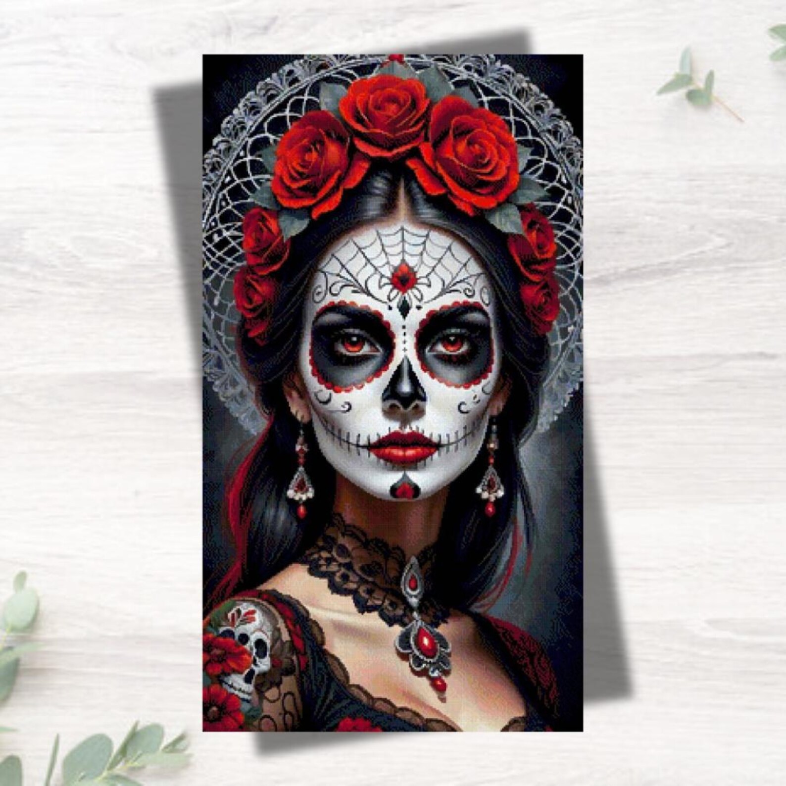 Cross Stitch PDF Pattern «la Catrina With Red Roses» — Sugar Skull, Day ...