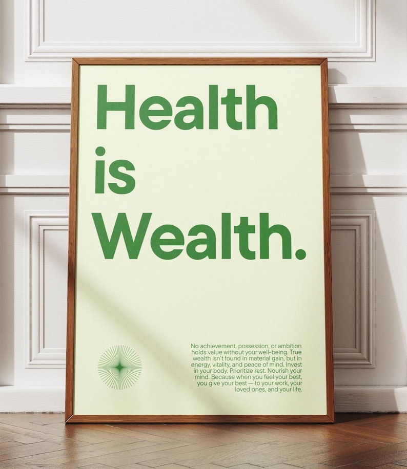 Health is Wealth Poster Quote Green, Motivational Wall Art, Positive ...