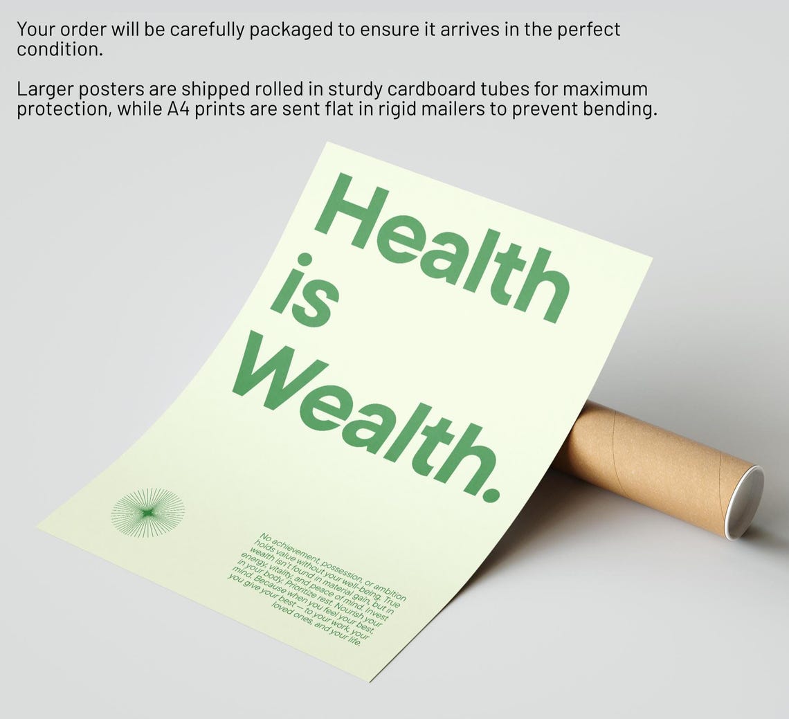 Health is Wealth Poster Quote Green, Motivational Wall Art, Positive ...