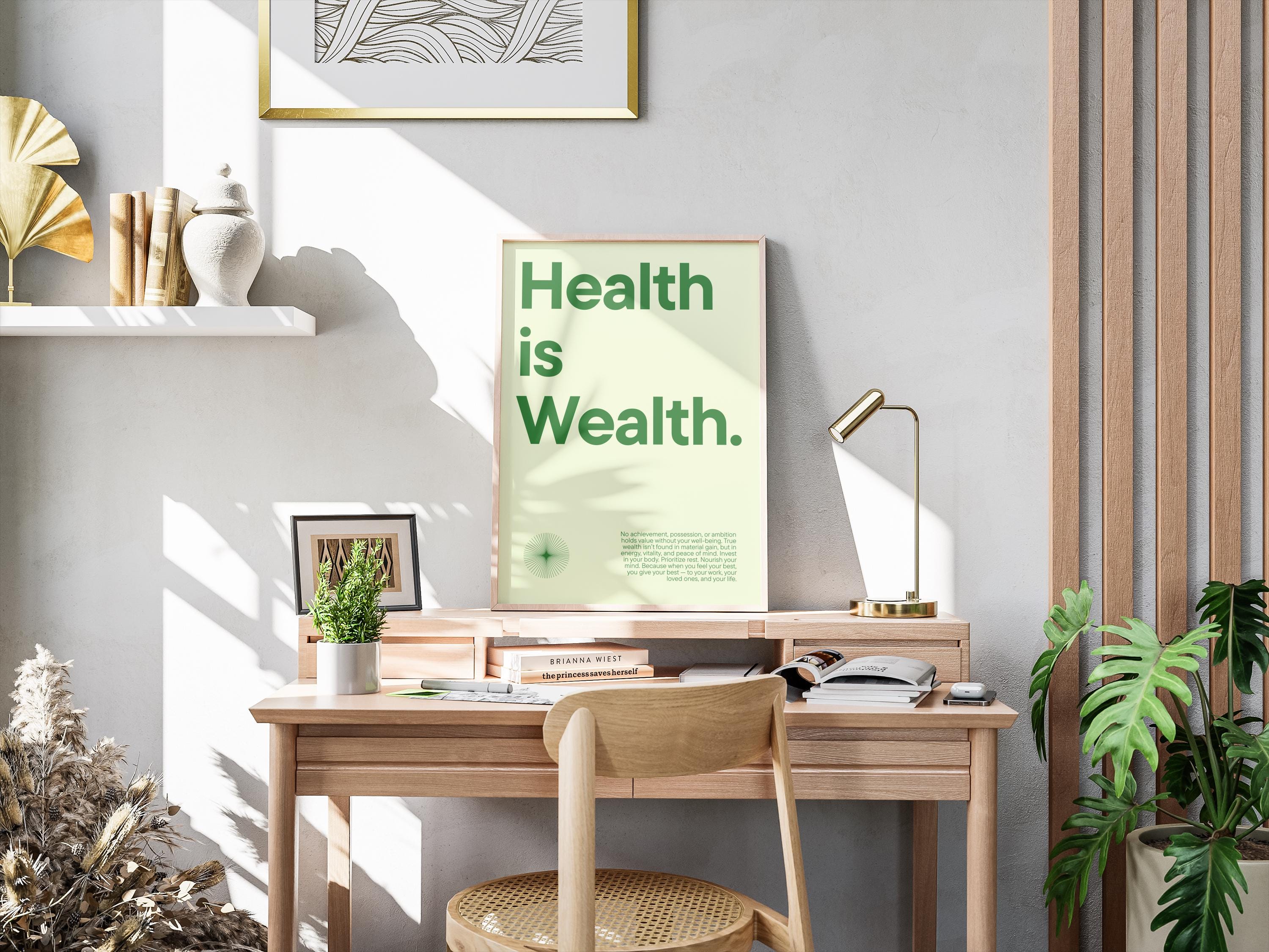Health is Wealth Poster Quote Green, Motivational Wall Art, Positive ...