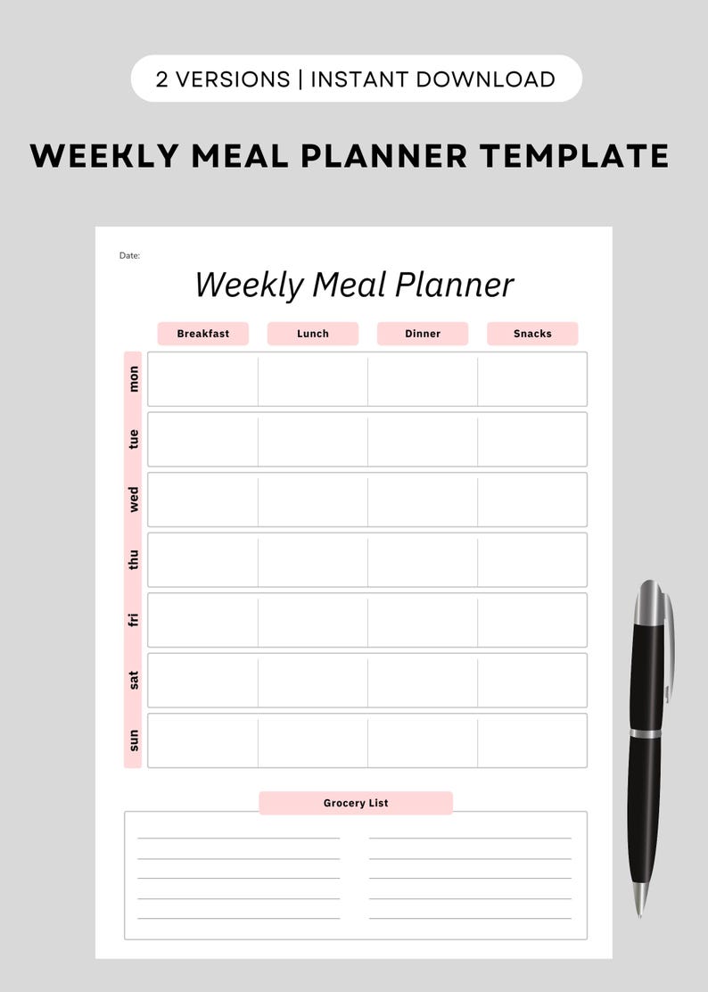 Weekly Meal Planner Printable: 7-day Menu, Grocery List (PDF Digital ...