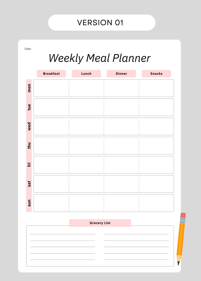 Weekly Meal Planner Printable: 7-day Menu, Grocery List (PDF Digital ...