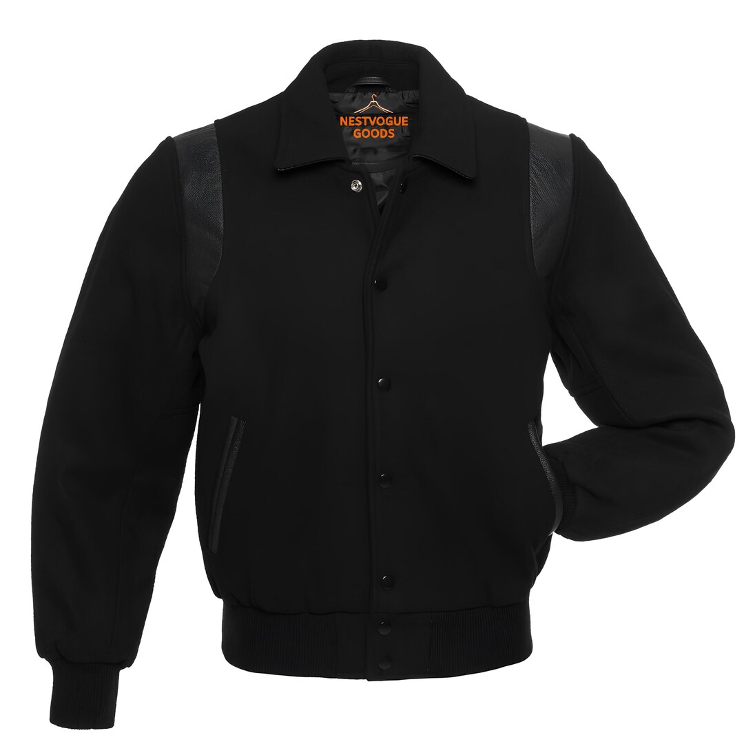 Black Body and Black Leather Inserts Retro Varsity Jacket Letterman ...