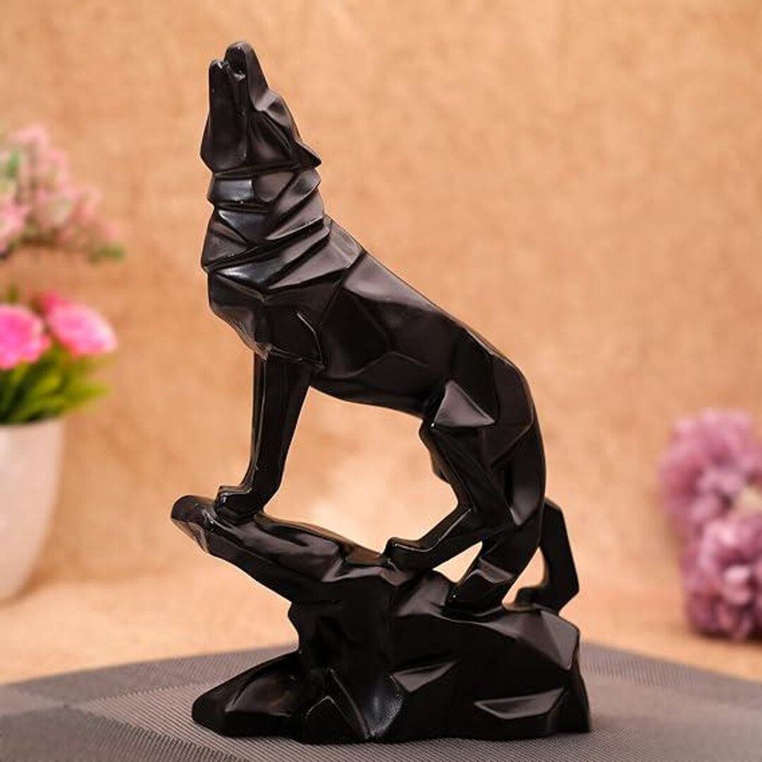Handcrafted Black Wolf Sculpture: Diamond Cut Home Decor Figurine - Etsy