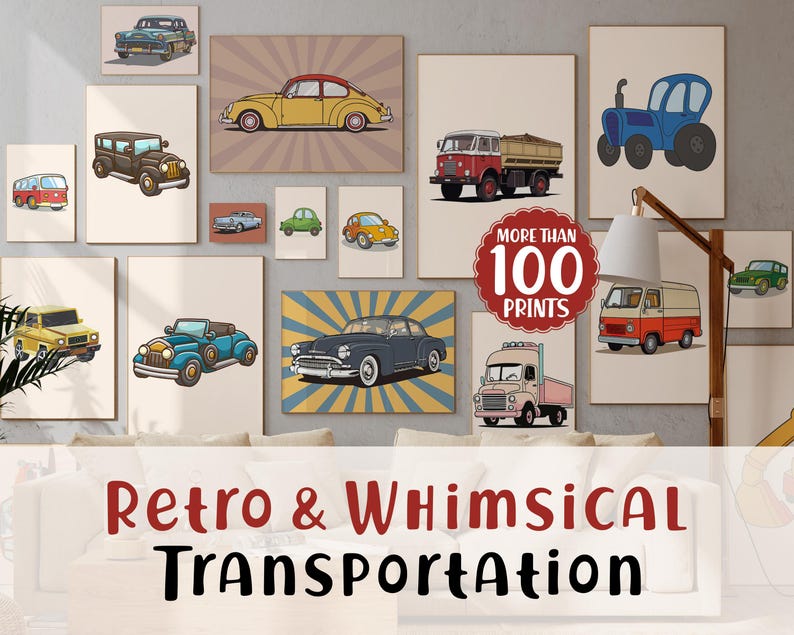 Retro Car Prints, Whimsical Kids Room Decor, Vehicle Wall Art (bundle ...