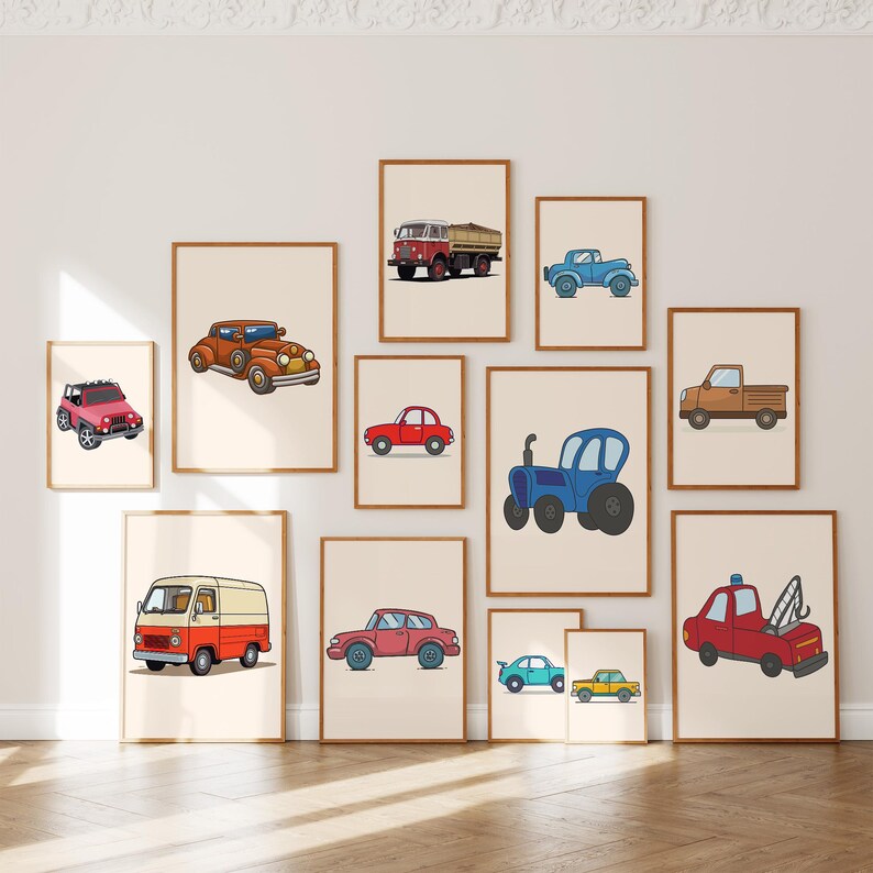 Retro Car Prints, Whimsical Kids Room Decor, Vehicle Wall Art (bundle ...