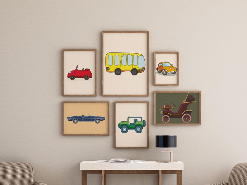 Retro Car Prints, Whimsical Kids Room Decor, Vehicle Wall Art (bundle ...