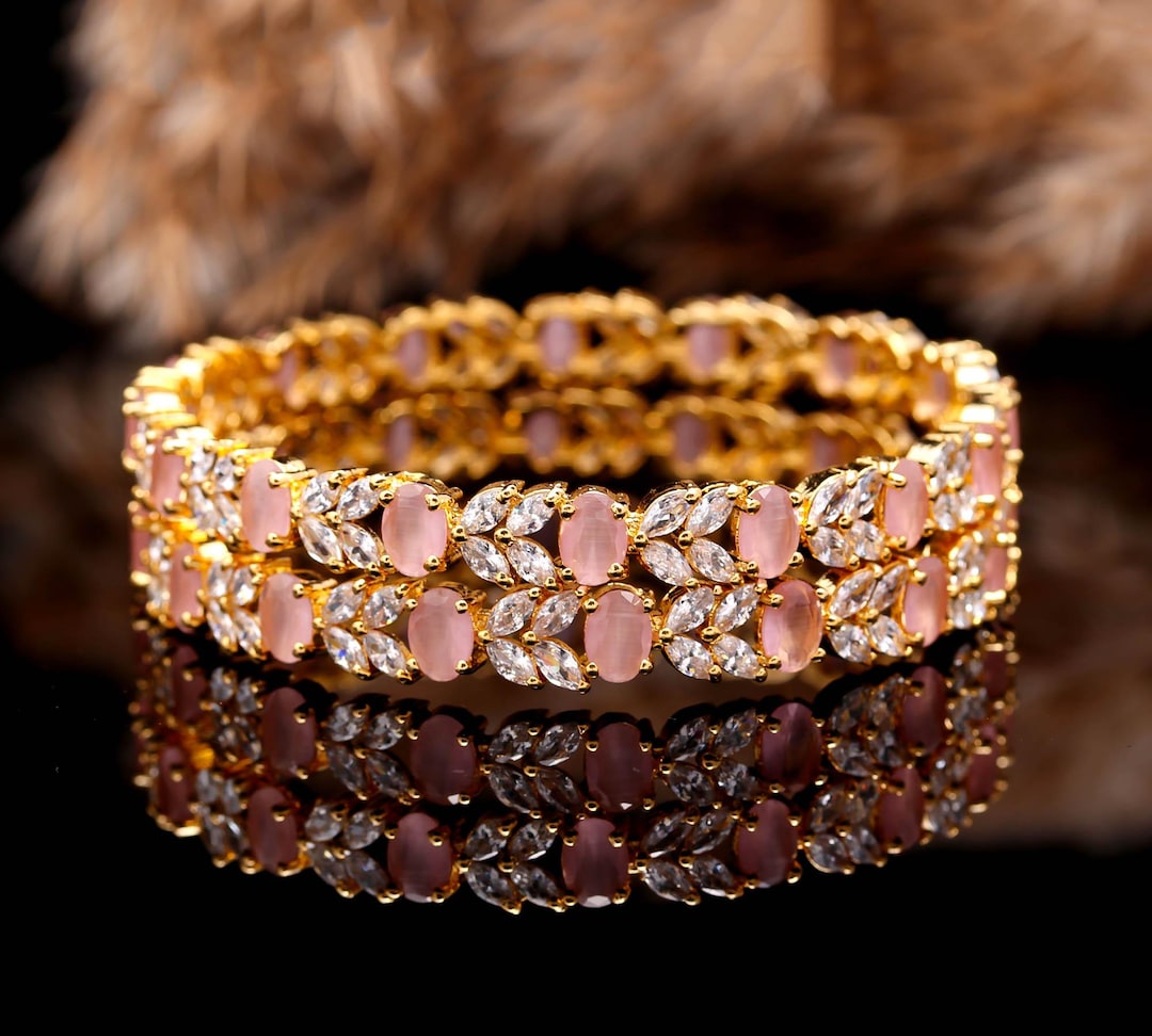Crystal White & Baby Pink Bangles, 22k Gold Plated - Etsy