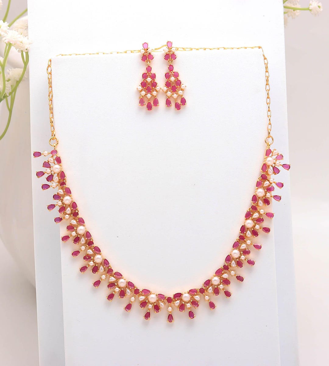 Ruby & Pearl Necklace Set : 22K Gold Plated - Etsy