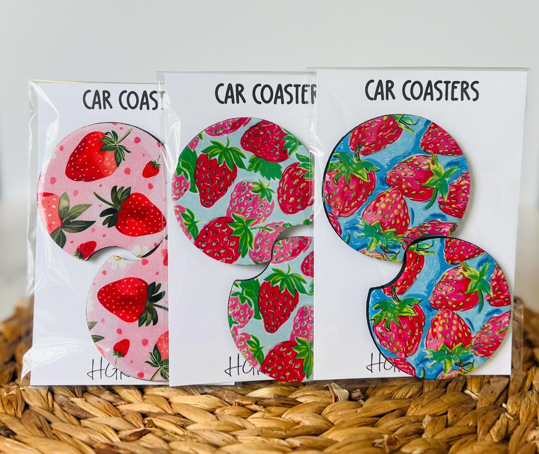 Strawberry Car Coasters Set of 2, Strawberry Lover, Neoprene Car ...