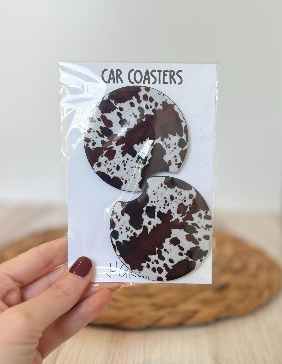 Cowhide Car Coaster Set, Cow Print Car Accessories, Western Cup Holder ...
