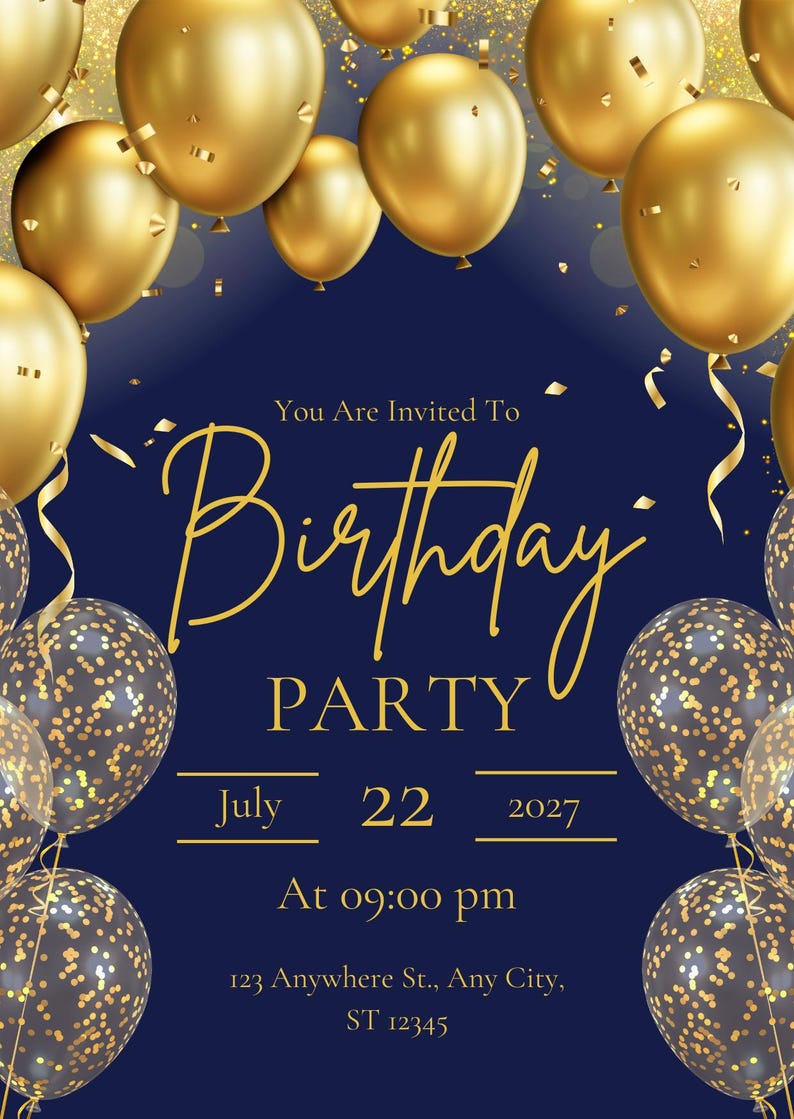 Blue and Yellow Balloon Birthday Invitation | Fun Kids Party Template ...