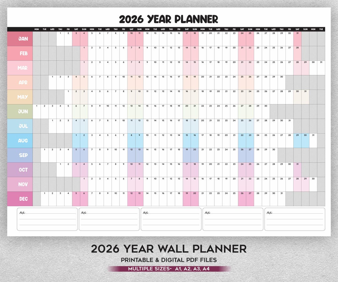 2026 Wall Calendar Year Big Planner Printable PDF Yearly Calendar A1 A2 ...