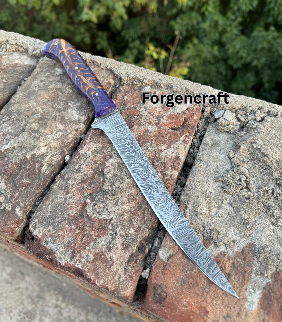 Handmade Damascus Steel Fillet Knife: Pine Cone Resin Handle, Leather ...