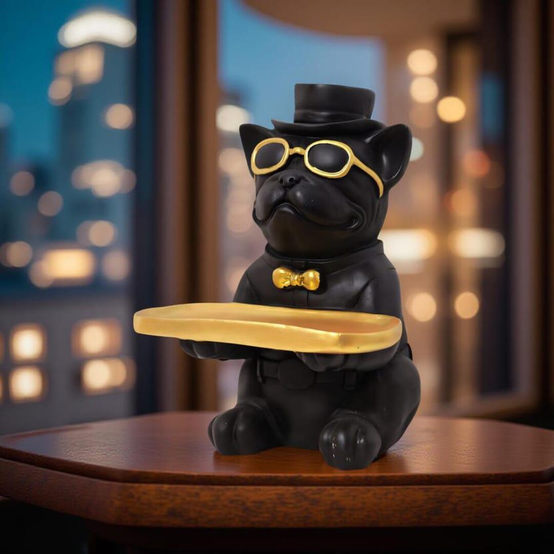 French Bulldog Butler Statue: Black & Gold Resin Decorative Tray - Etsy UK
