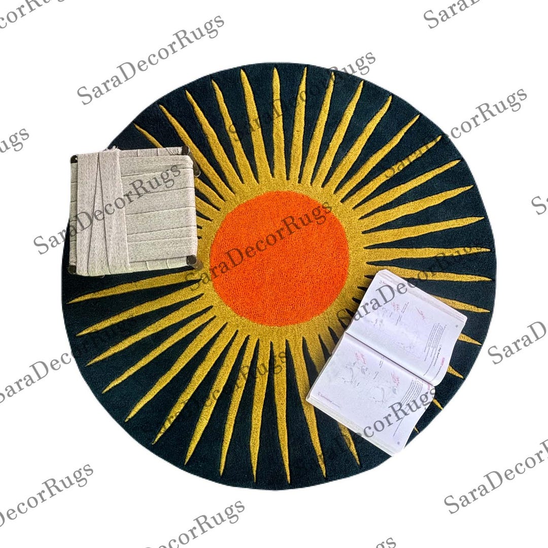 Hand Tufted Sunburst Round Rug, Modern Abstract Wool Area Rug, Mid ...