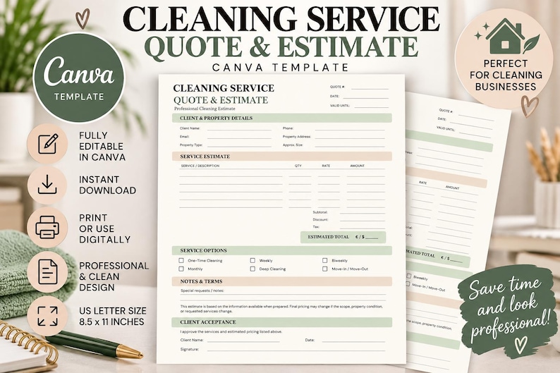 Cleaning Quote Template Canva | Cleaning Estimate Form | Editable ...