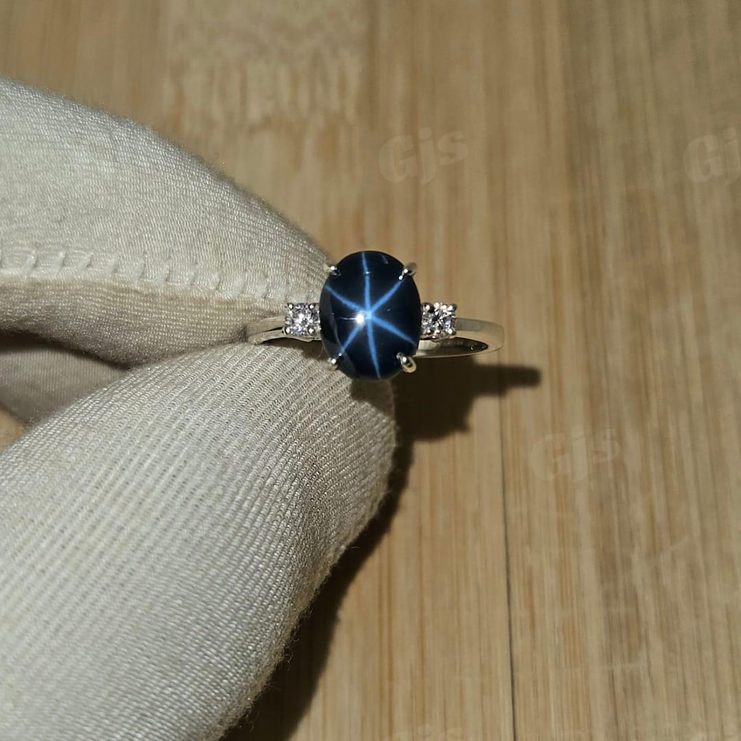 Genuine Blue Star Sapphire Ring With Diamond Accent: Sterling Silver or ...