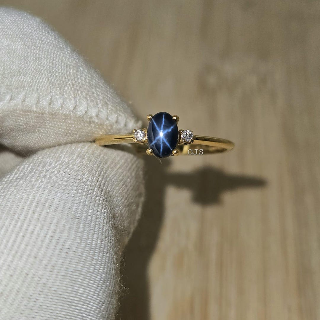 Genuine Blue Star Sapphire Ring With Diamond Accent: Sterling Silver or ...