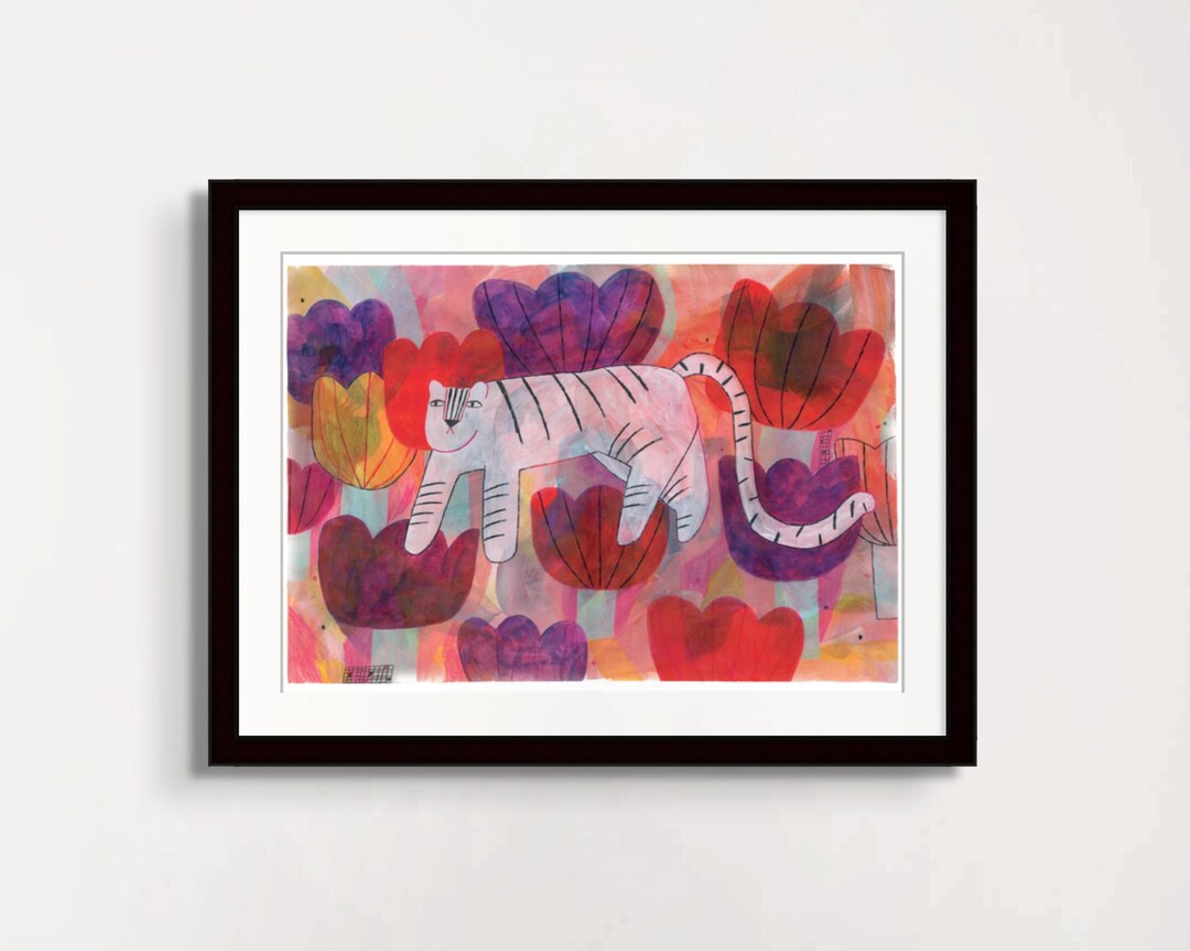 White Tiger in Violet and Red Flowers Giclee Print | Colorful White and ...