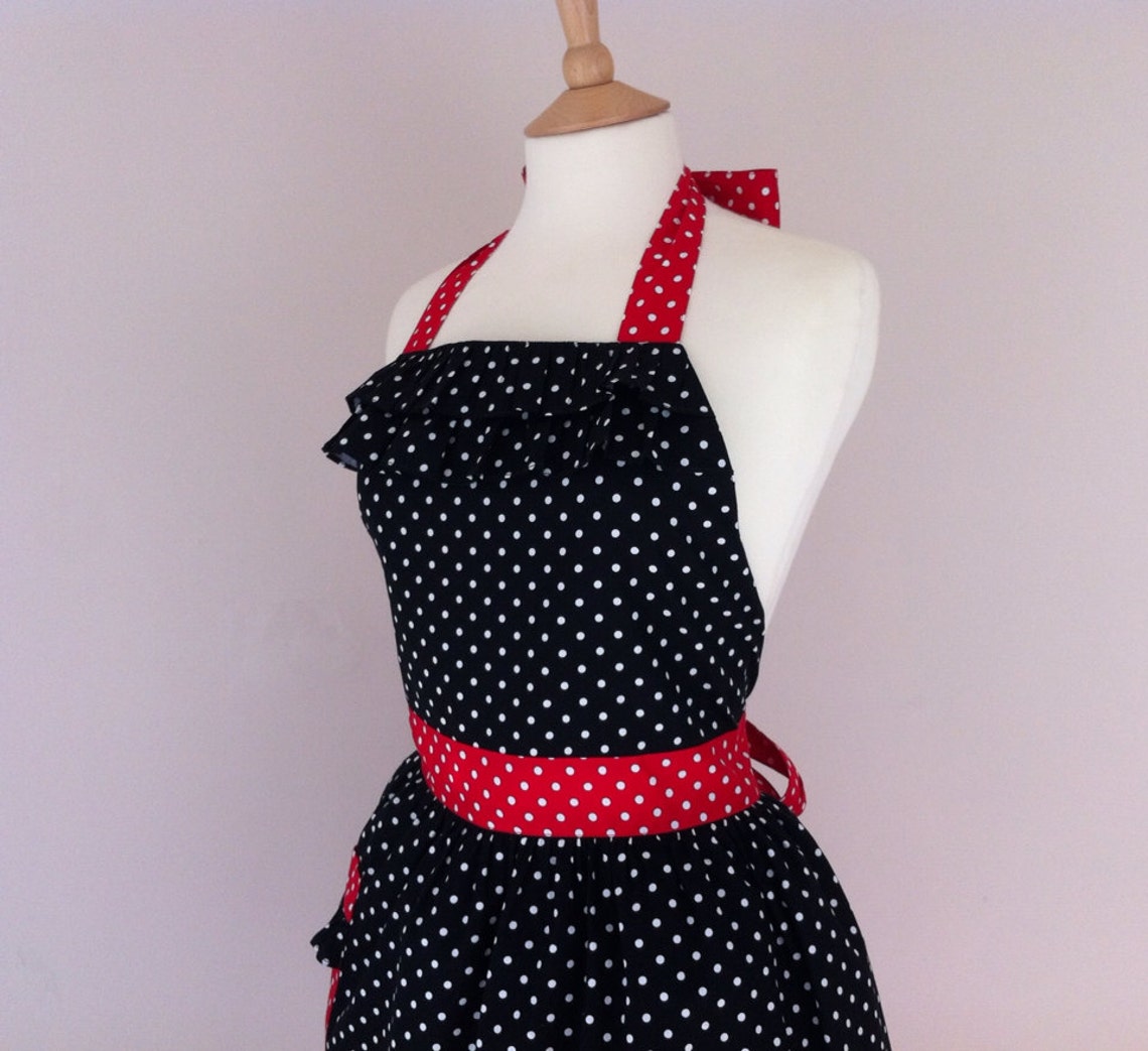 Retro apron with ruffles white polka dots on a black fabric | Etsy