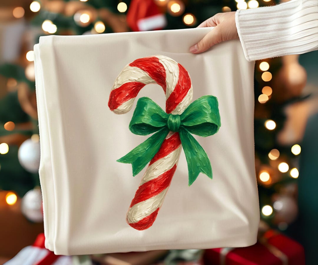 Festive Hand Painted Candy Cane PNG Green Bow Coquette Christmas Design ...