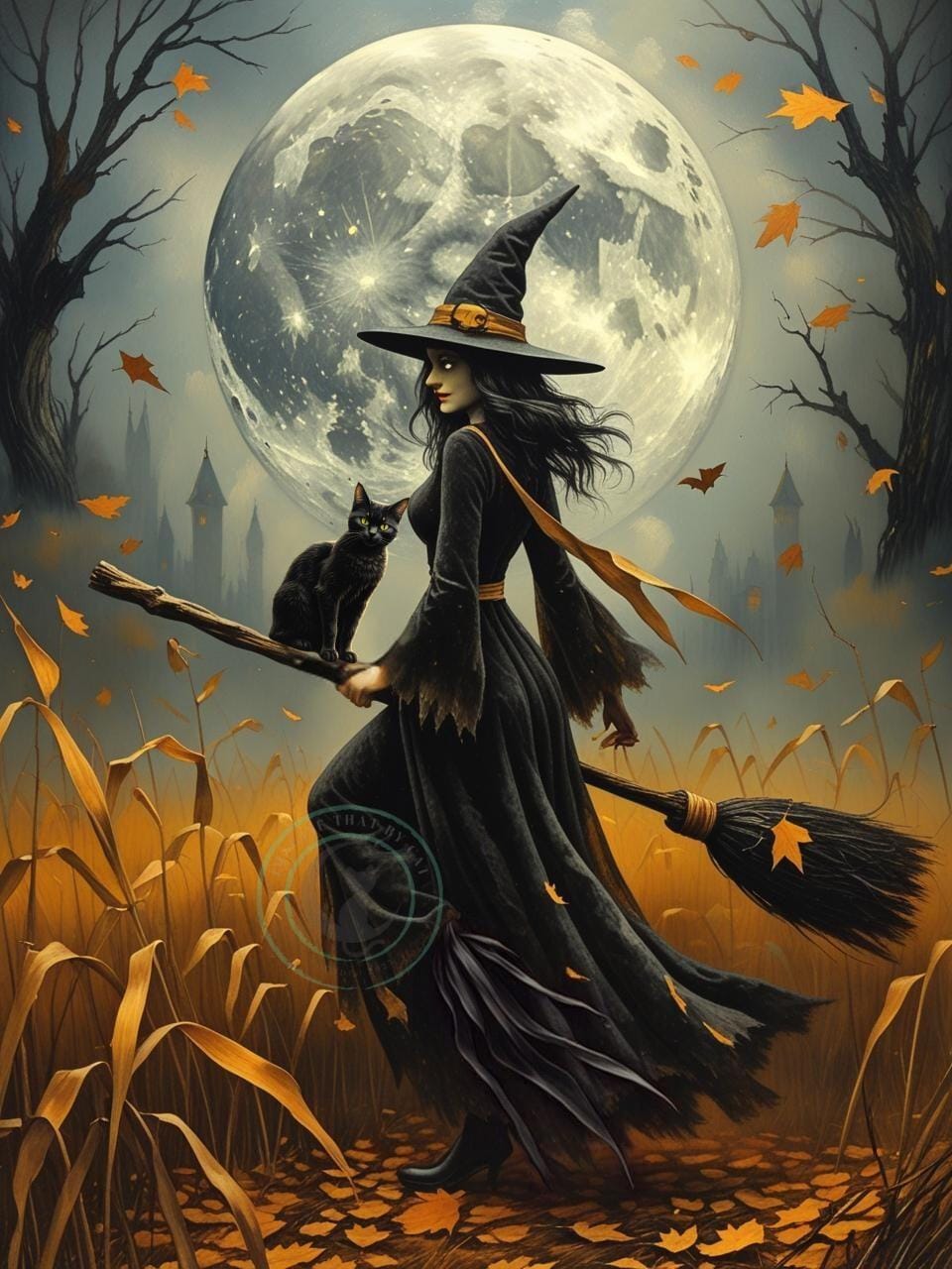Witch and Cat Halloween Art Prints: Spooky Fall Decor (digital Download ...