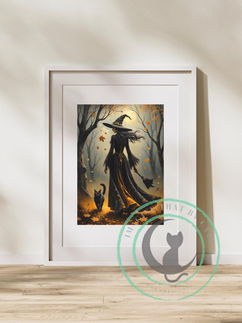 Witch and Black Cat Halloween Print: Moonlit Stroll, Spooky Wall Art ...