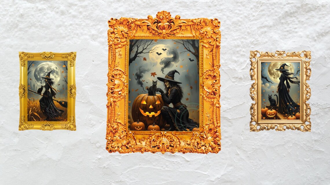 Witch and Cat Halloween Art Prints: Spooky Fall Decor (digital Download ...