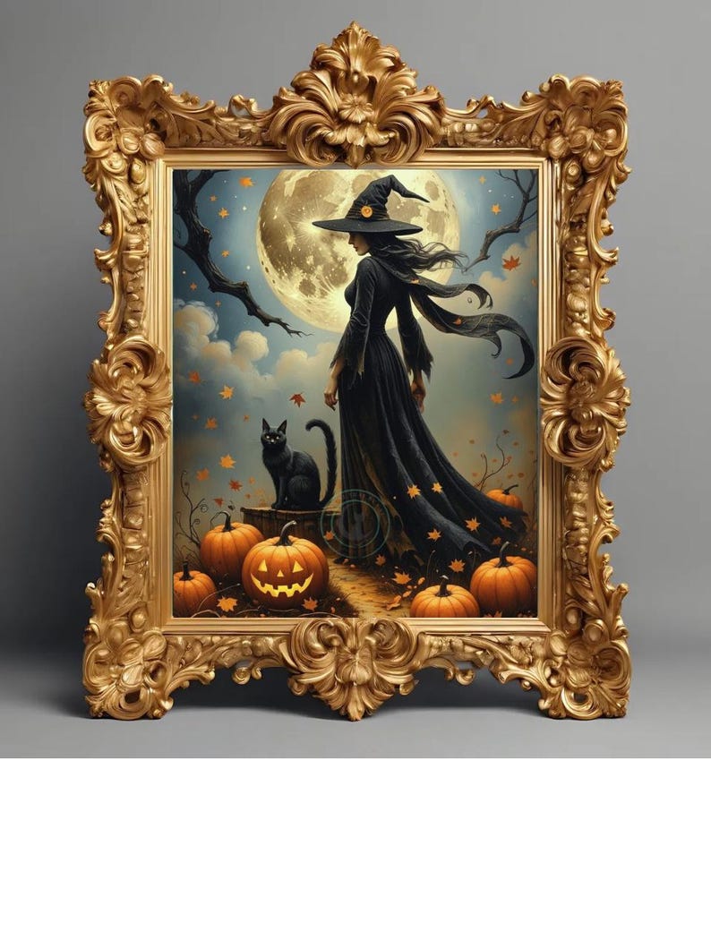 Witch and Cat Halloween Art Prints: Spooky Fall Decor (digital Download ...