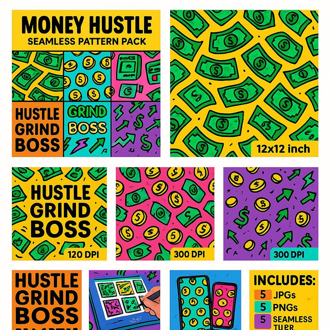 Money Hustle Seamless Pattern Pack, 5 Digital Papers, 12x12” 300 DPI ...