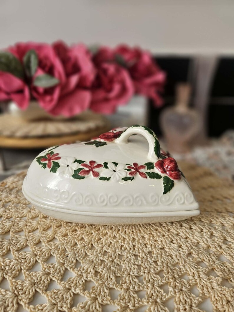 Vintage Heart-shaped Covered Butter Dish – Candy Dish, Floral Ceramic ...