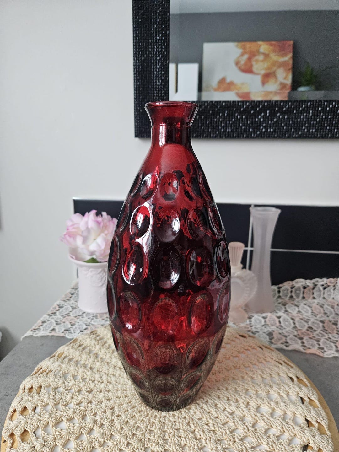 Vintage Ruby Red Textured Bubble Glass Vase • 12” Tall Decorative Art ...