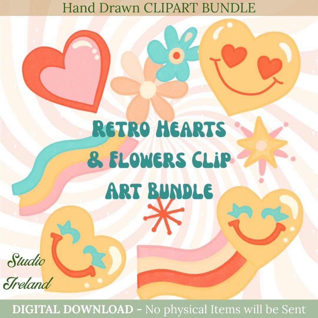 Retro Hearts & Flowers Clip Art, Smiley Heart Clipart, Groovy Floral ...