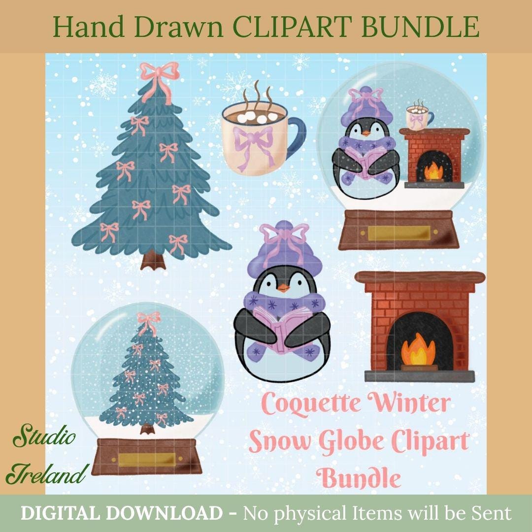 Coquette Winter Clipart, Snow Globes, Penguins (PNG Digital Download ...