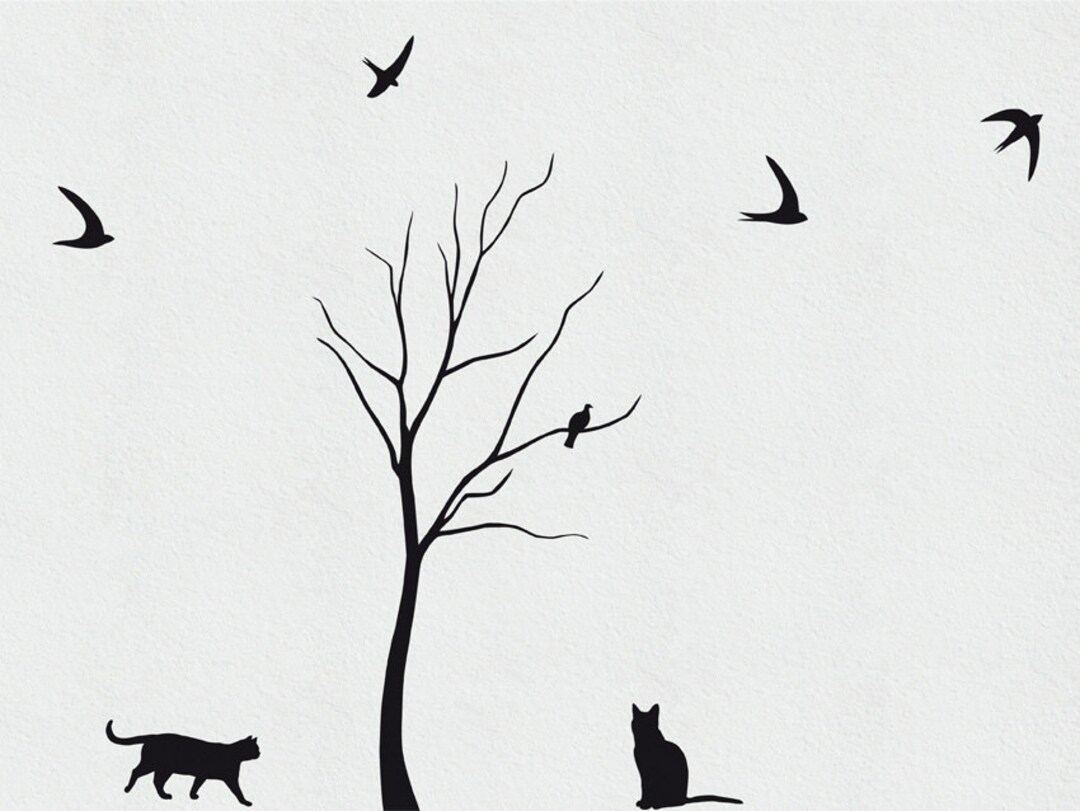 Wall Tree Decal Small Tree and Bird Decal 2 Cat Decals and 4 - Etsy